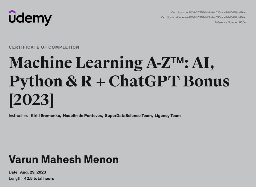 Udemy course on ML A-Z: AI, PYthon& R | Varun Menon posted on the topic ... Udemy course on ML A-Z: AI, PYthon& R | Varun Menon posted on the topic ...