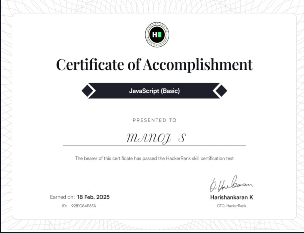 MANOJ S on LinkedIn: #javascript #coding #certification #hackerrank # ... MANOJ S on LinkedIn: #javascript #coding #certification #hackerrank # ...