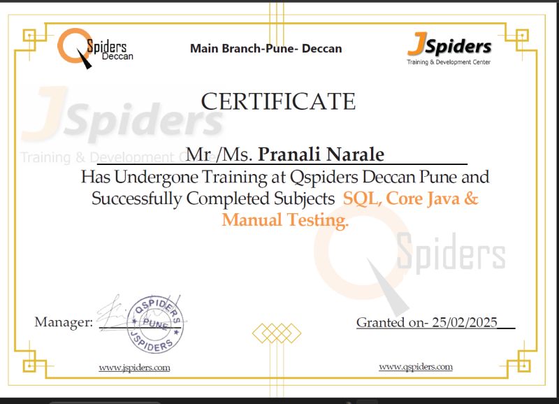 Completed SQL, Java, and Testing training at QSpiders | Pranali Narale ... Completed SQL, Java, and Testing training at QSpiders | Pranali Narale ...