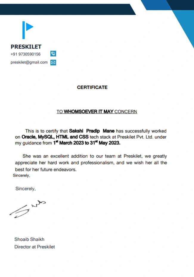 Sakshi Mane on LinkedIn: #internshipcompletion #html #css #mysql #oracle Sakshi Mane on LinkedIn: #internshipcompletion #html #css #mysql #oracle