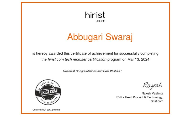 Swaraj Abbugari on LinkedIn: #certification #hirist #success Swaraj Abbugari on LinkedIn: #certification #hirist #success