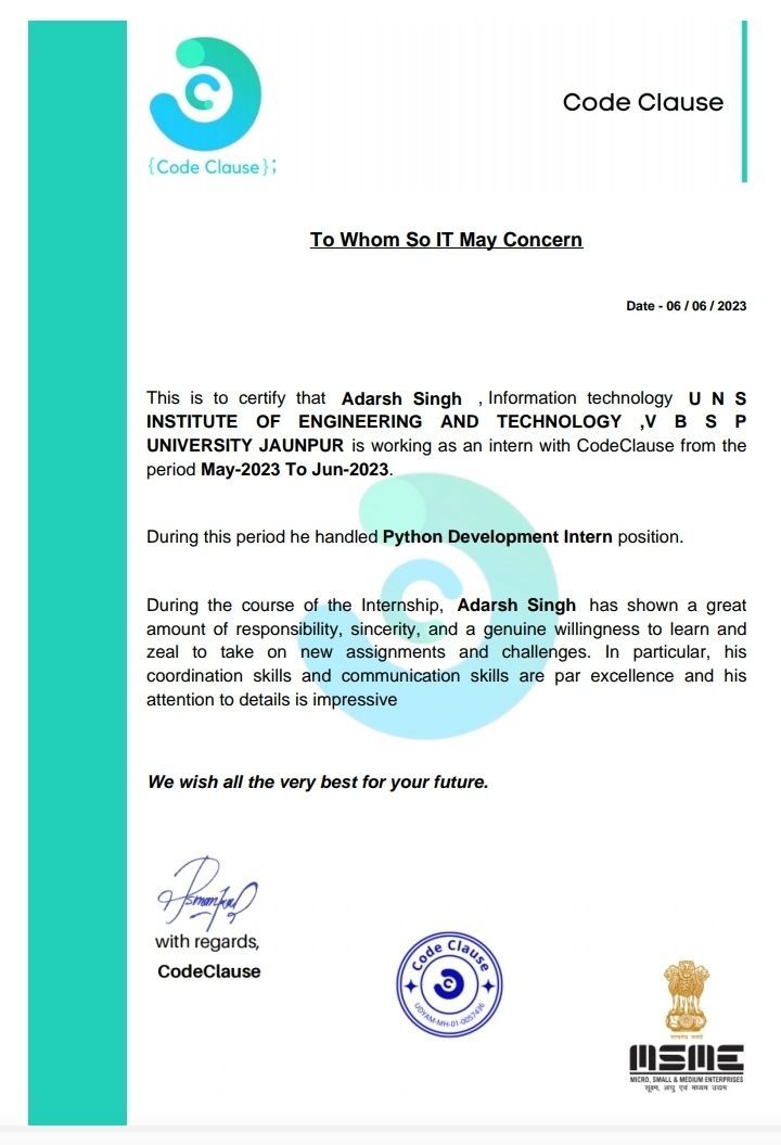 Adarsh Singh on LinkedIn: #internship #certificate #pythondeveloper # ... Adarsh Singh on LinkedIn: #internship #certificate #pythondeveloper # ...