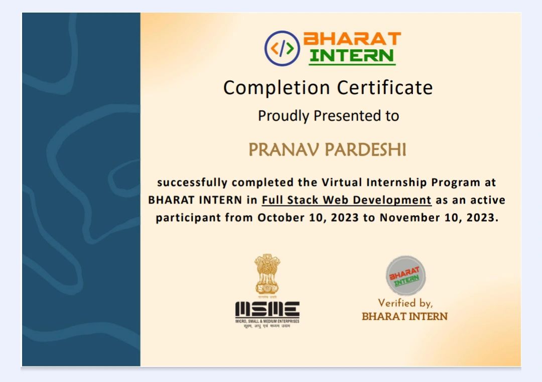 Pranav Pardeshi on LinkedIn: #bharatintern #fullstackdeveloper # ... Pranav Pardeshi on LinkedIn: #bharatintern #fullstackdeveloper # ...