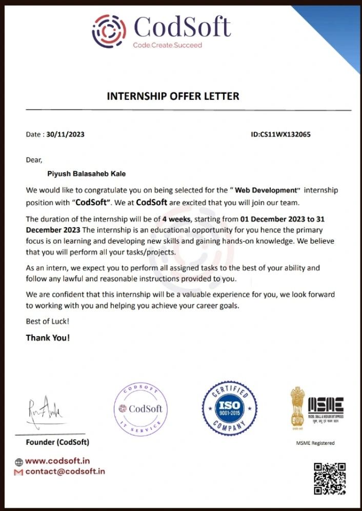 Piyush Kale on LinkedIn: #webdevelopment #codsoftinternship #codsoft Piyush Kale on LinkedIn: #webdevelopment #codsoftinternship #codsoft