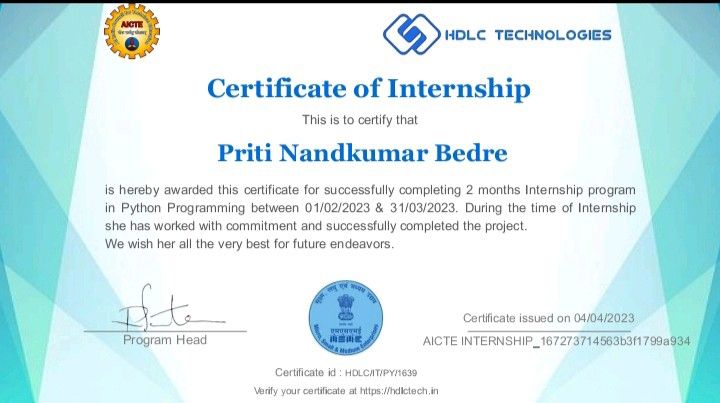 Priti Bedre on LinkedIn: #pythoninternship #pythondeveloper # ... Priti Bedre on LinkedIn: #pythoninternship #pythondeveloper # ...