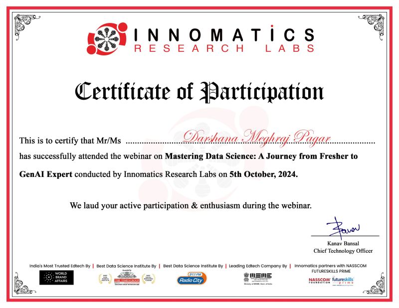 Darshana Pagar on LinkedIn: #completioncertificate #course #datascience Darshana Pagar on LinkedIn: #completioncertificate #course #datascience