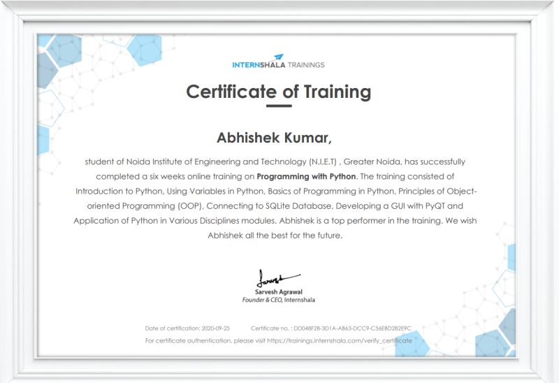 Abhishek Kumar on LinkedIn: #python #internshalatrainings Abhishek Kumar on LinkedIn: #python #internshalatrainings