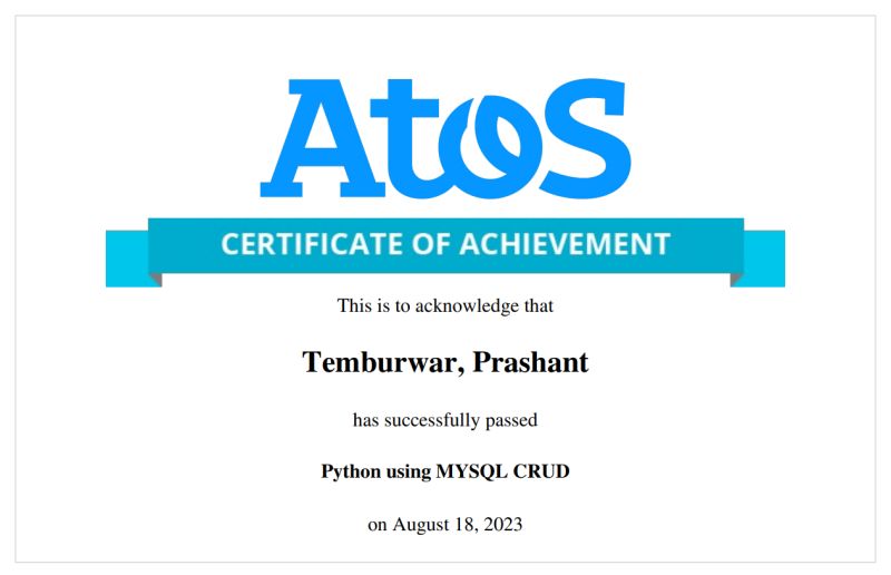 #python #pythoncertification #mysql #atos #eviden | Prashant Temburwar #python #pythoncertification #mysql #atos #eviden | Prashant Temburwar