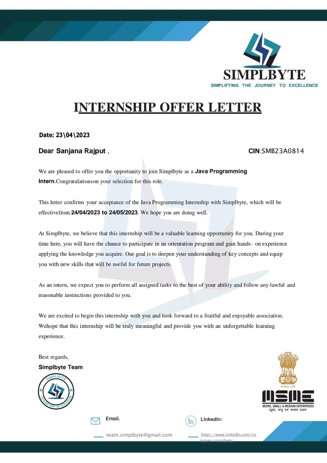 Sanjana Rajput en LinkedIn: #simplbyte #intern #connections Sanjana Rajput en LinkedIn: #simplbyte #intern #connections