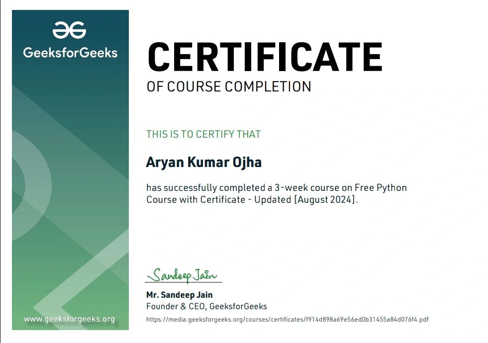 Aryan Kumar on LinkedIn: #python #programming #certificate # ... Aryan Kumar on LinkedIn: #python #programming #certificate # ...