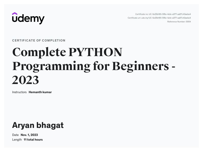 Aryan Bhagat on LinkedIn: #udemy #python #programming Aryan Bhagat on LinkedIn: #udemy #python #programming