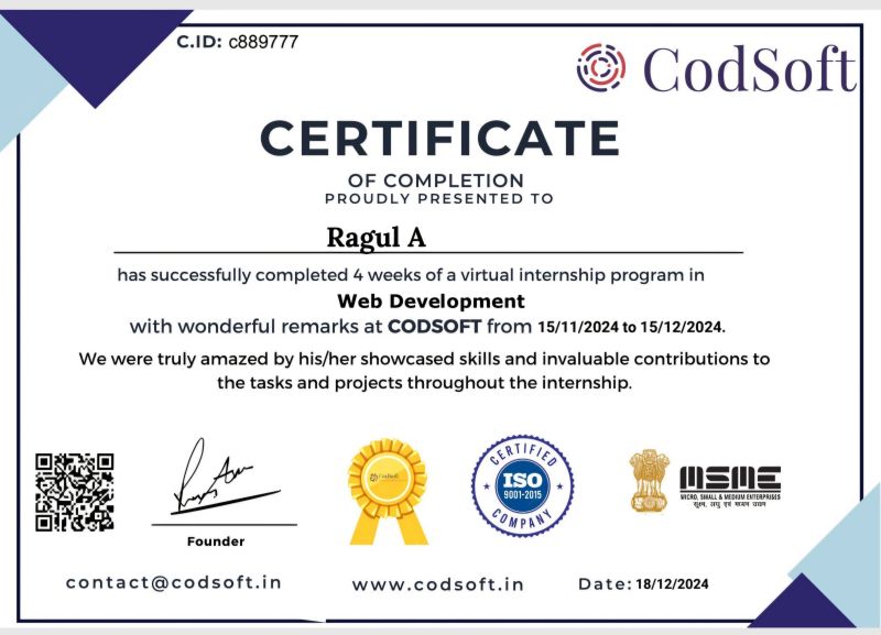 #internship #career #webdevelopment #codsoft | Ragul A #internship #career #webdevelopment #codsoft | Ragul A