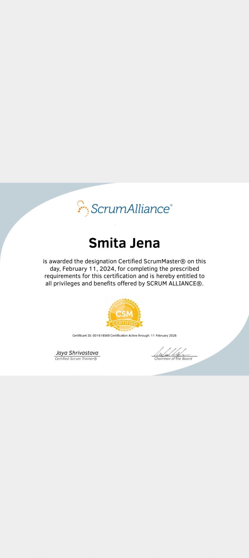 successfully completed the Scrum master certification | Smita Jena successfully completed the Scrum master certification | Smita Jena
