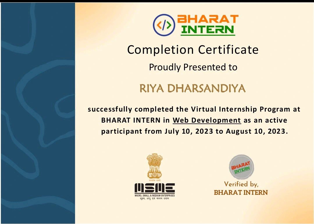 Riya Dharsandiya on LinkedIn: I completed my web development internship ... Riya Dharsandiya on LinkedIn: I completed my web development internship ...