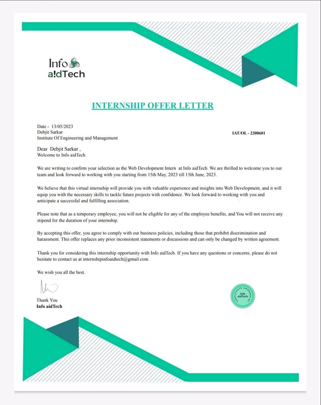 Debjit Sarkar on LinkedIn: #infoaidtech #iad #internship #opportunity Debjit Sarkar on LinkedIn: #infoaidtech #iad #internship #opportunity