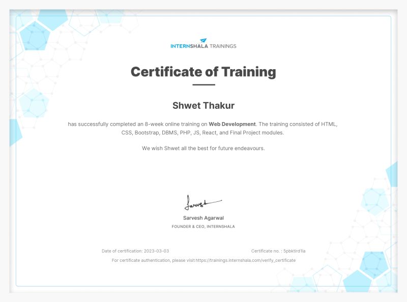 Shwet Thakur on LinkedIn: #webdevelopment #certificate #internshala # ... Shwet Thakur on LinkedIn: #webdevelopment #certificate #internshala # ...