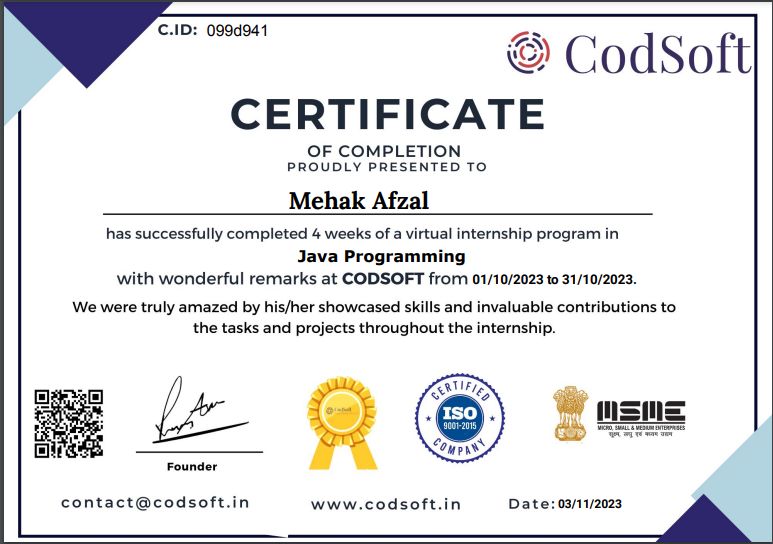 Mehak Afzal on LinkedIn: #codsoft #javainternship #javaprogramming # ... Mehak Afzal on LinkedIn: #codsoft #javainternship #javaprogramming # ...
