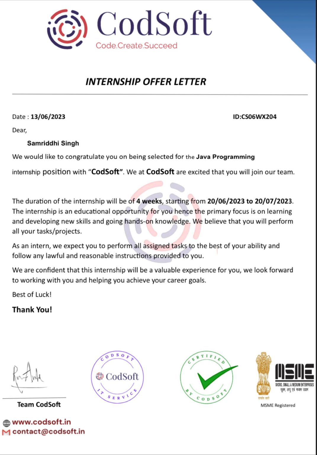 #codsoft #internship #letterofrecommendation | Samriddhi Singh #codsoft #internship #letterofrecommendation | Samriddhi Singh