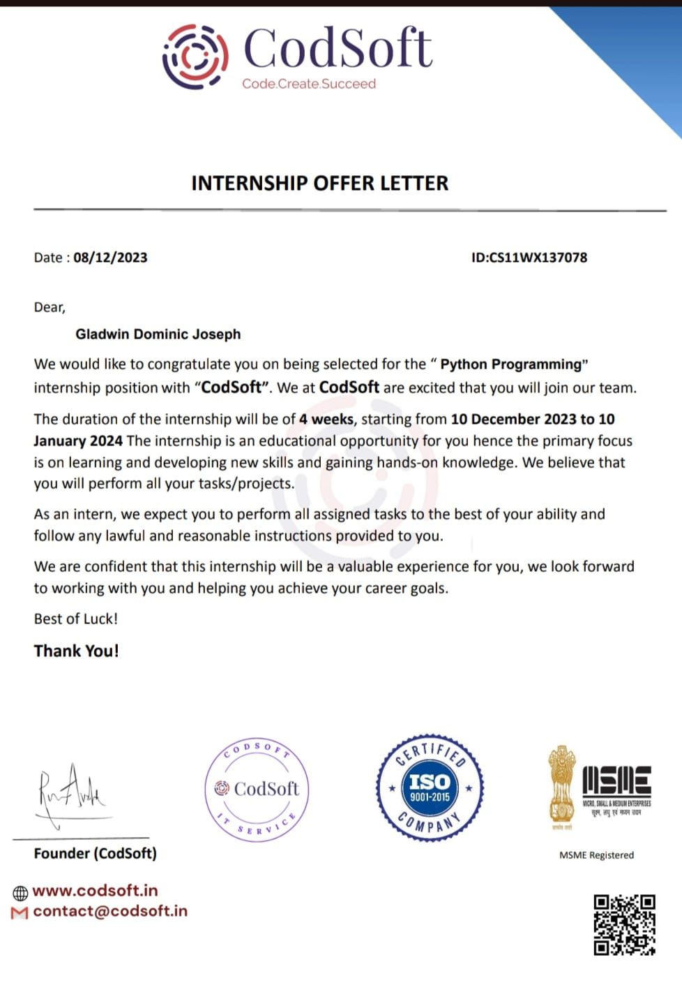 Accepted a Python Programming Intern at CodSoft | Gladwin Joseph posted ... Accepted a Python Programming Intern at CodSoft | Gladwin Joseph posted ...