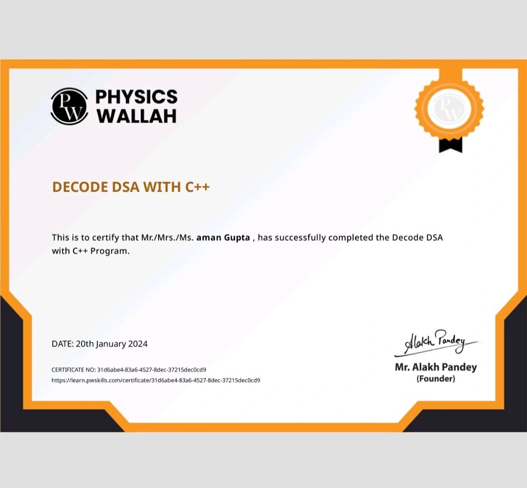 certification courses by pw in c++ with DSA | Aman Gupta certification courses by pw in c++ with DSA | Aman Gupta