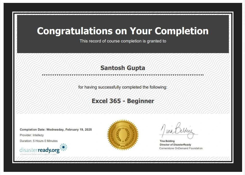 completed Excel 365 - Beginner | Santosh Gupta completed Excel 365 - Beginner | Santosh Gupta