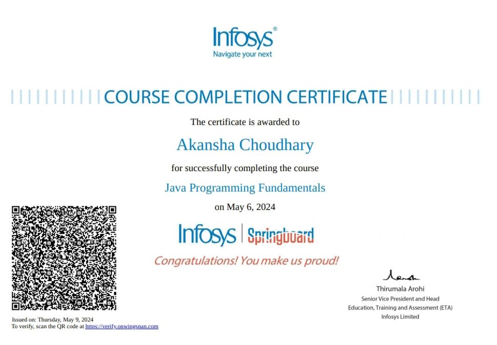 Completed Java Programming Fundamentals by Infosys | Akansha Chaudhary ... Completed Java Programming Fundamentals by Infosys | Akansha Chaudhary ...