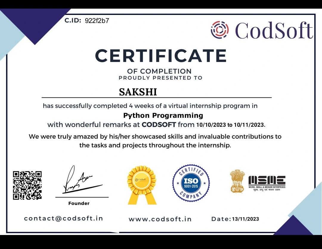 Sakshi Srivastava on LinkedIn: #pythonprogramming #codsoft # ... Sakshi Srivastava on LinkedIn: #pythonprogramming #codsoft # ...