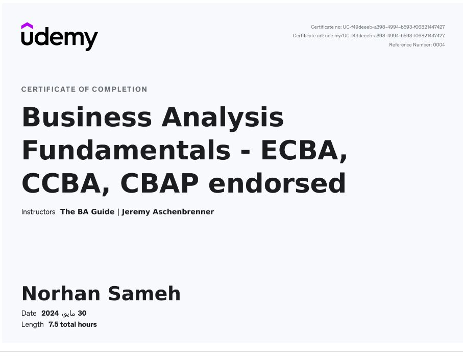 Norhan Sameh on LinkedIn: Just finished the course Business Analysis ... Norhan Sameh on LinkedIn: Just finished the course Business Analysis ...