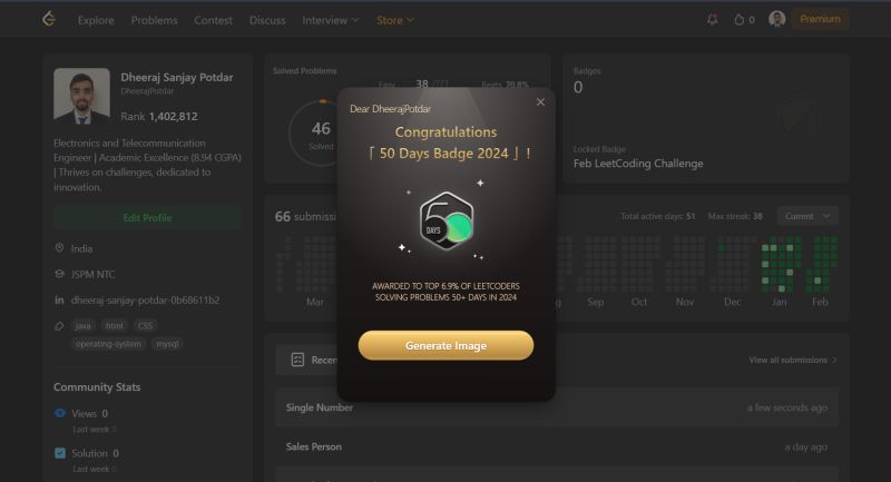 Completed 50 days of coding on LeetCode! | Dheeraj Potdar posted on the ... Completed 50 days of coding on LeetCode! | Dheeraj Potdar posted on the ...