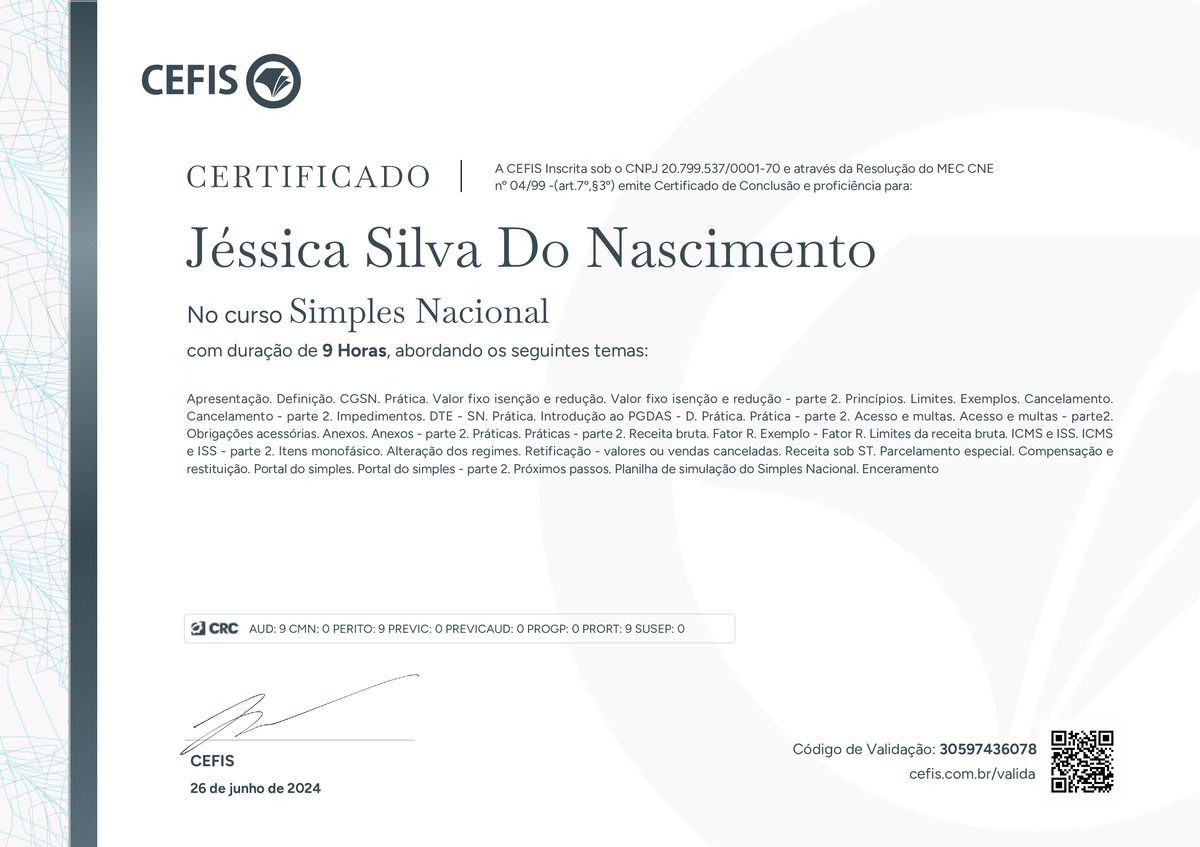 Jéssica Nascimento no LinkedIn: Conquistei mais um certificado na CEFIS ... Jéssica Nascimento no LinkedIn: Conquistei mais um certificado na CEFIS ...