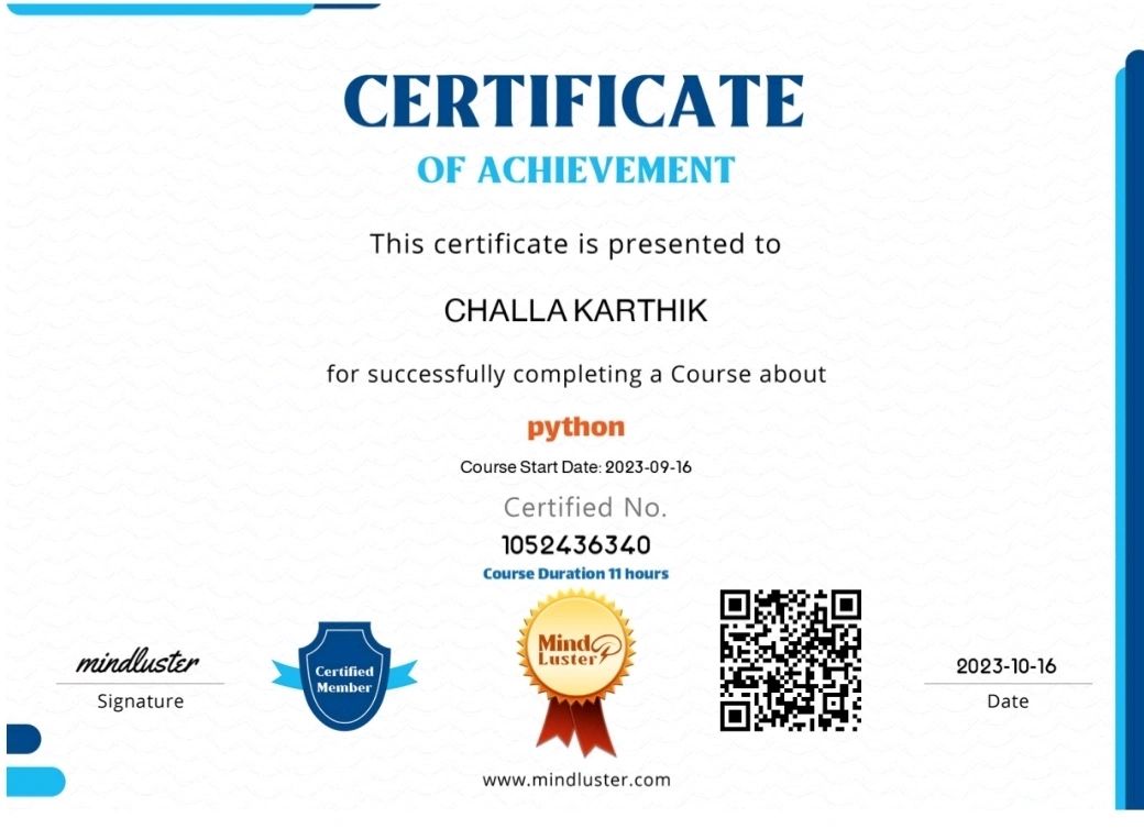 challa karthik on LinkedIn: A completion certificate about python challa karthik on LinkedIn: A completion certificate about python