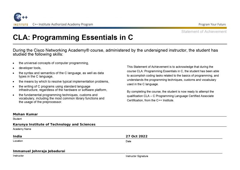 MOHAN KUMAR R on LinkedIn: #cprogramming #certification MOHAN KUMAR R on LinkedIn: #cprogramming #certification