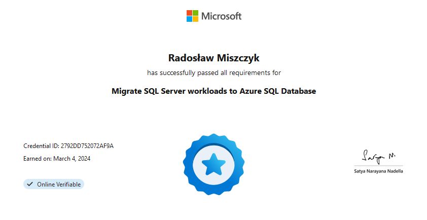 Radosław Miszczyk on LinkedIn: Just earned Migrate SQL Server workload ... Radosław Miszczyk on LinkedIn: Just earned Migrate SQL Server workload ...