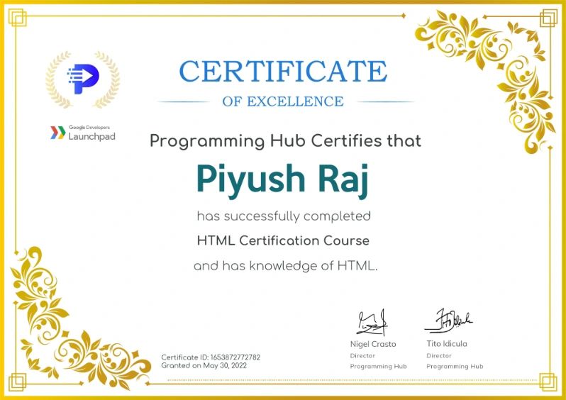 Piyush Raj on LinkedIn: Certificate for HTML course Piyush Raj on LinkedIn: Certificate for HTML course