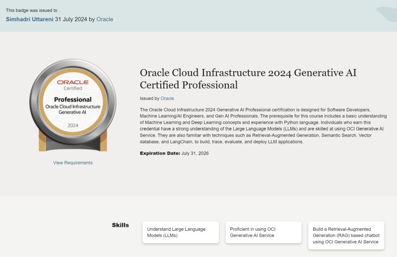 Simhadri Uttareni on LinkedIn: #oci #ocp #genai #oraclecertified Simhadri Uttareni on LinkedIn: #oci #ocp #genai #oraclecertified