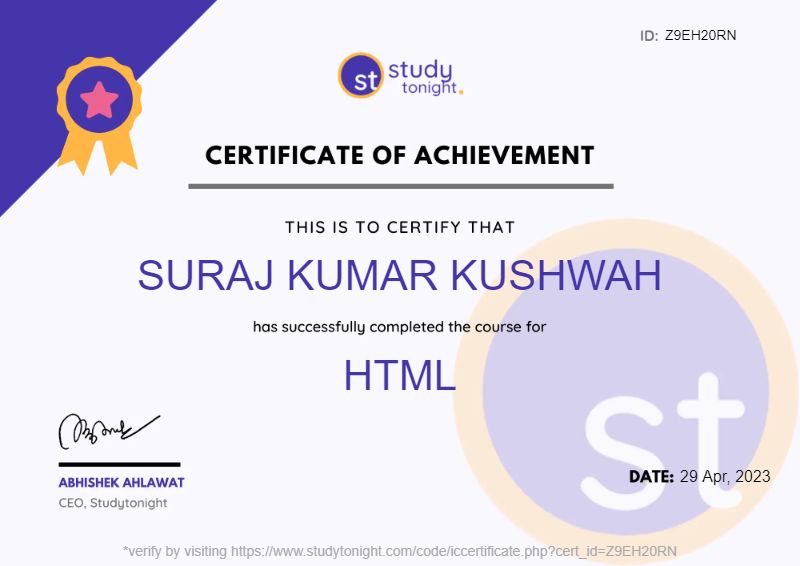 suraj kumar kushwah LinkedIn‘de: #completed #html #certificate suraj kumar kushwah LinkedIn‘de: #completed #html #certificate