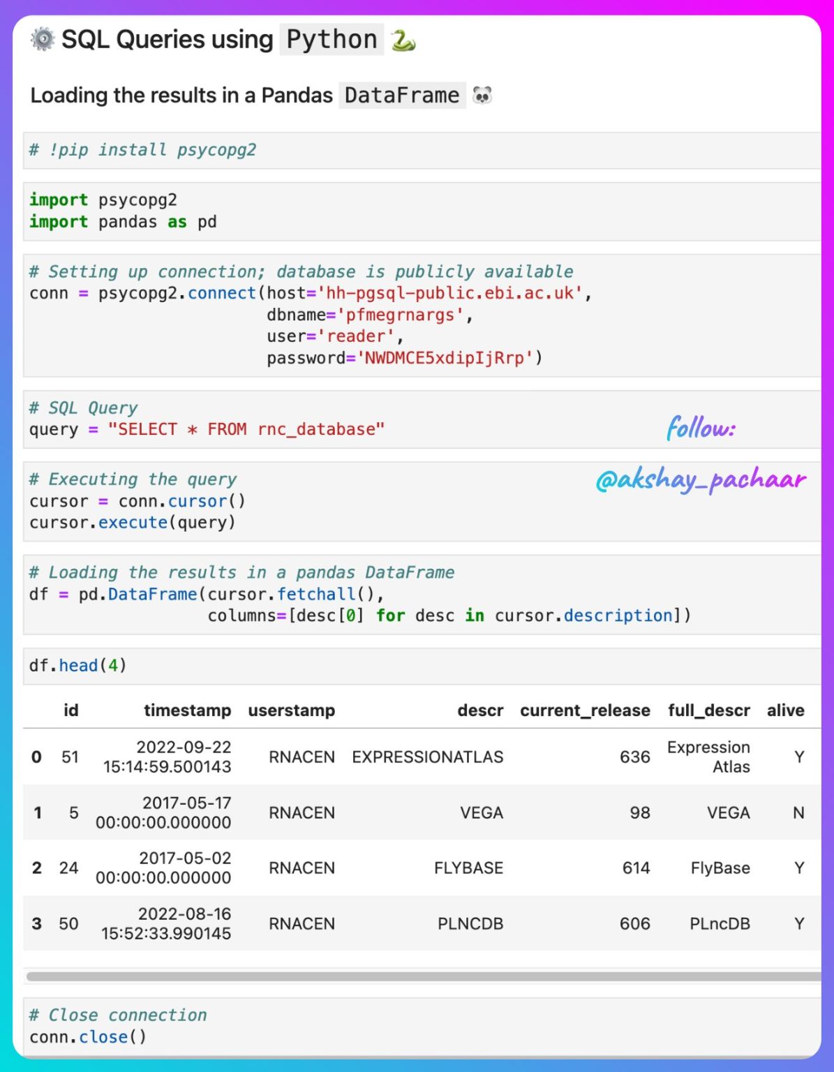 Akshay Pachaar on LinkedIn: SQL Queries using Python! 🐍 🔥 Loading the ... Akshay Pachaar on LinkedIn: SQL Queries using Python! 🐍 🔥 Loading the ...