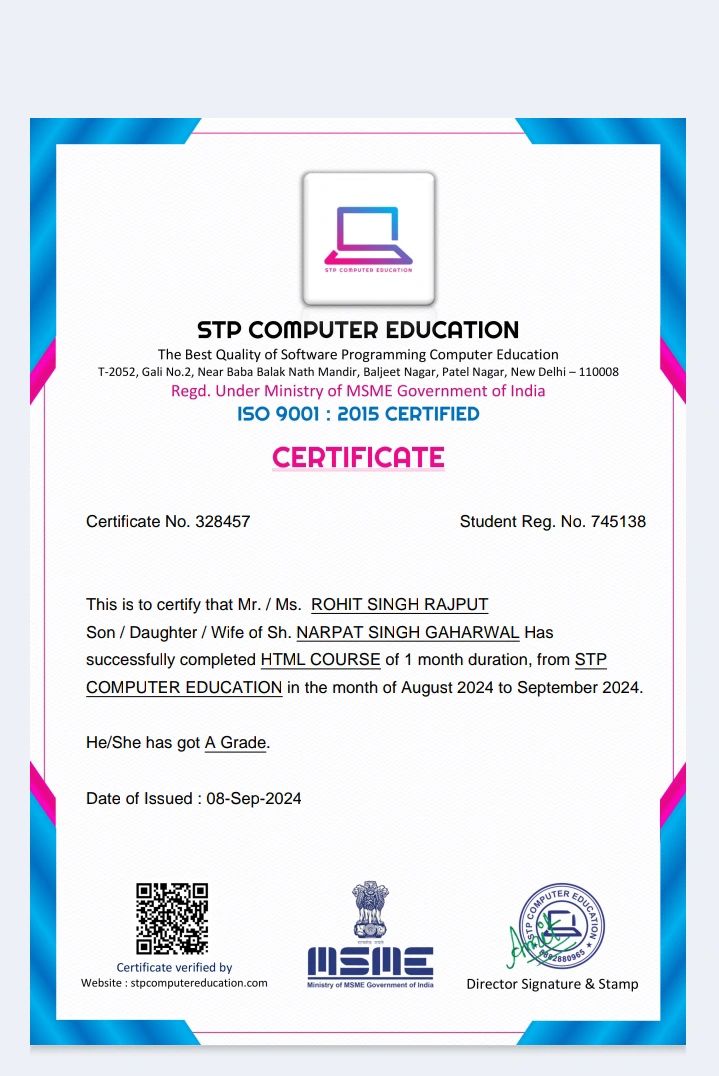 Rohit Singh Rajput on LinkedIn: HTML Certificate Rohit Singh Rajput on LinkedIn: HTML Certificate