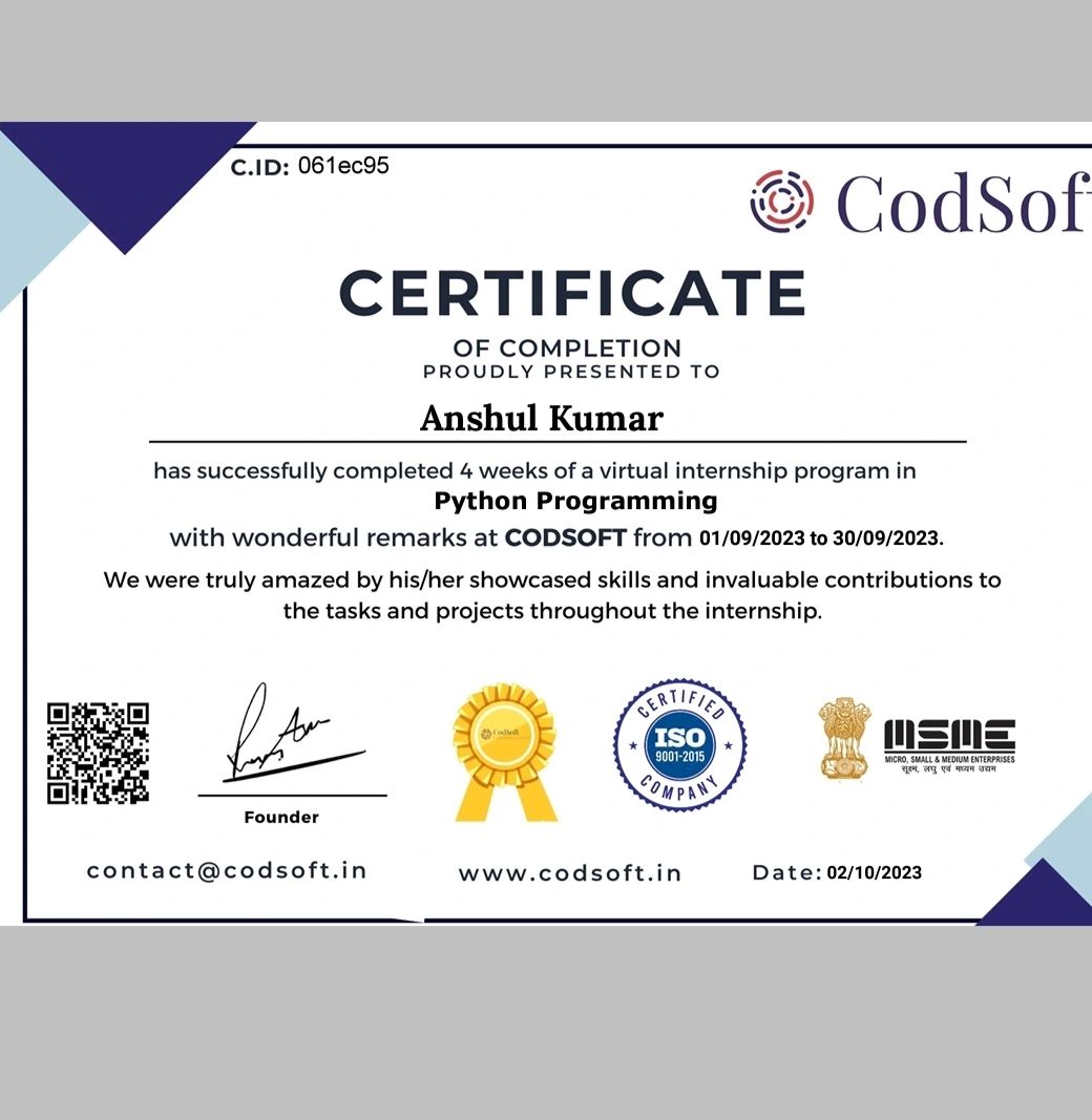 Anshul Kumar on LinkedIn: #codsoft #codsoft #codsoft #codsoft # ... Anshul Kumar on LinkedIn: #codsoft #codsoft #codsoft #codsoft # ...