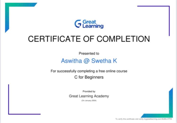 Aswitha Swetha on LinkedIn: Successfully completed a C Programming ... Aswitha Swetha on LinkedIn: Successfully completed a C Programming ...