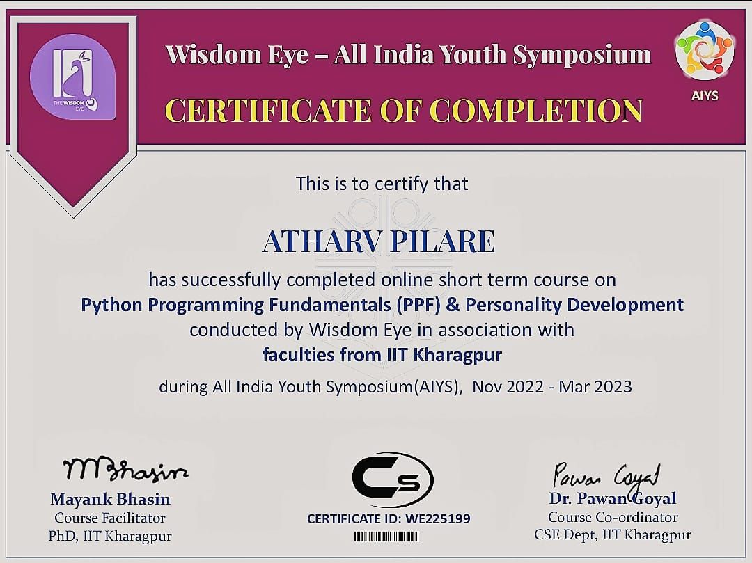 Atharv Pilare on LinkedIn: Just finished the course “Python Programming ... Atharv Pilare on LinkedIn: Just finished the course “Python Programming ...