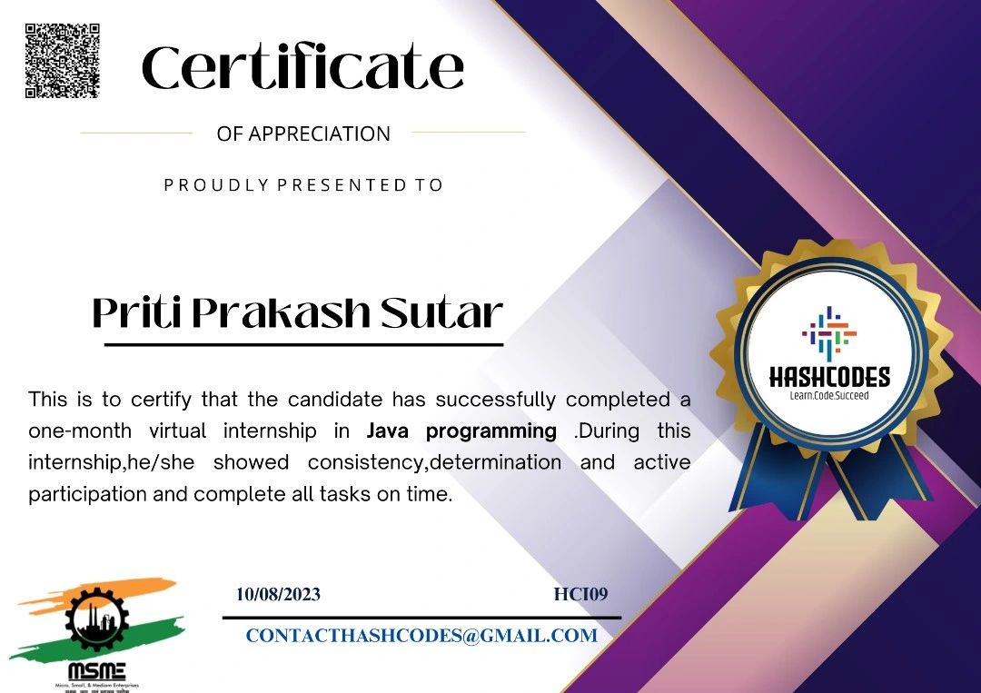 Priti Sutar on LinkedIn: #hashcodes #javaprogramming #intern2023 Priti Sutar on LinkedIn: #hashcodes #javaprogramming #intern2023