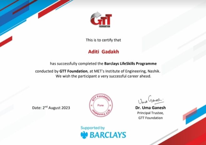 Aditi Gadakh on LinkedIn: #barclays #gtt #metbhujbalknowledgecity Aditi Gadakh on LinkedIn: #barclays #gtt #metbhujbalknowledgecity