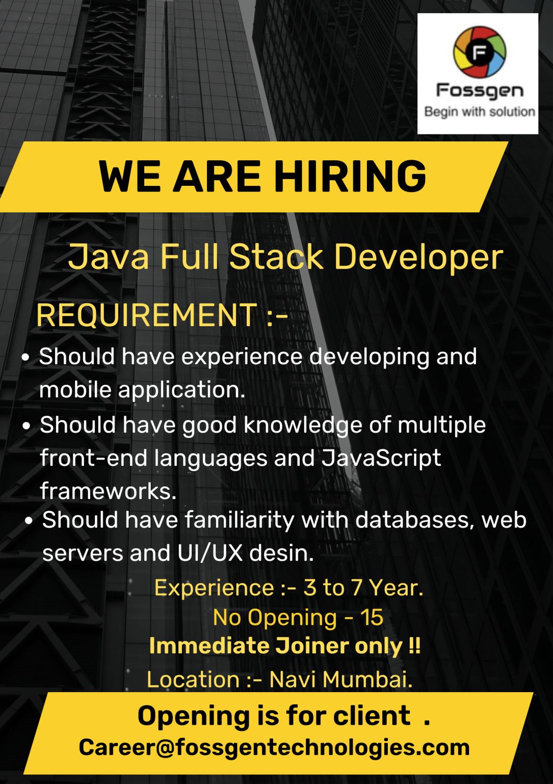 FossGen Technologies on LinkedIn: Urgently required Java Full Stack ... FossGen Technologies on LinkedIn: Urgently required Java Full Stack ...