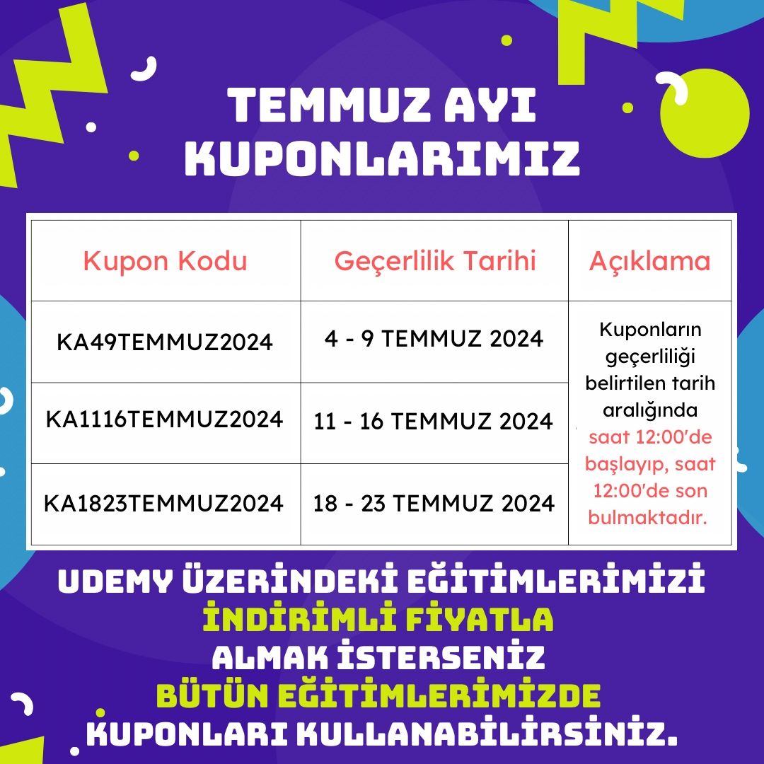 Udemy üzerindeki bütün kurslarımız için kullanabileceğiniz TEMMUZ ayı ... Udemy üzerindeki bütün kurslarımız için kullanabileceğiniz TEMMUZ ayı ...