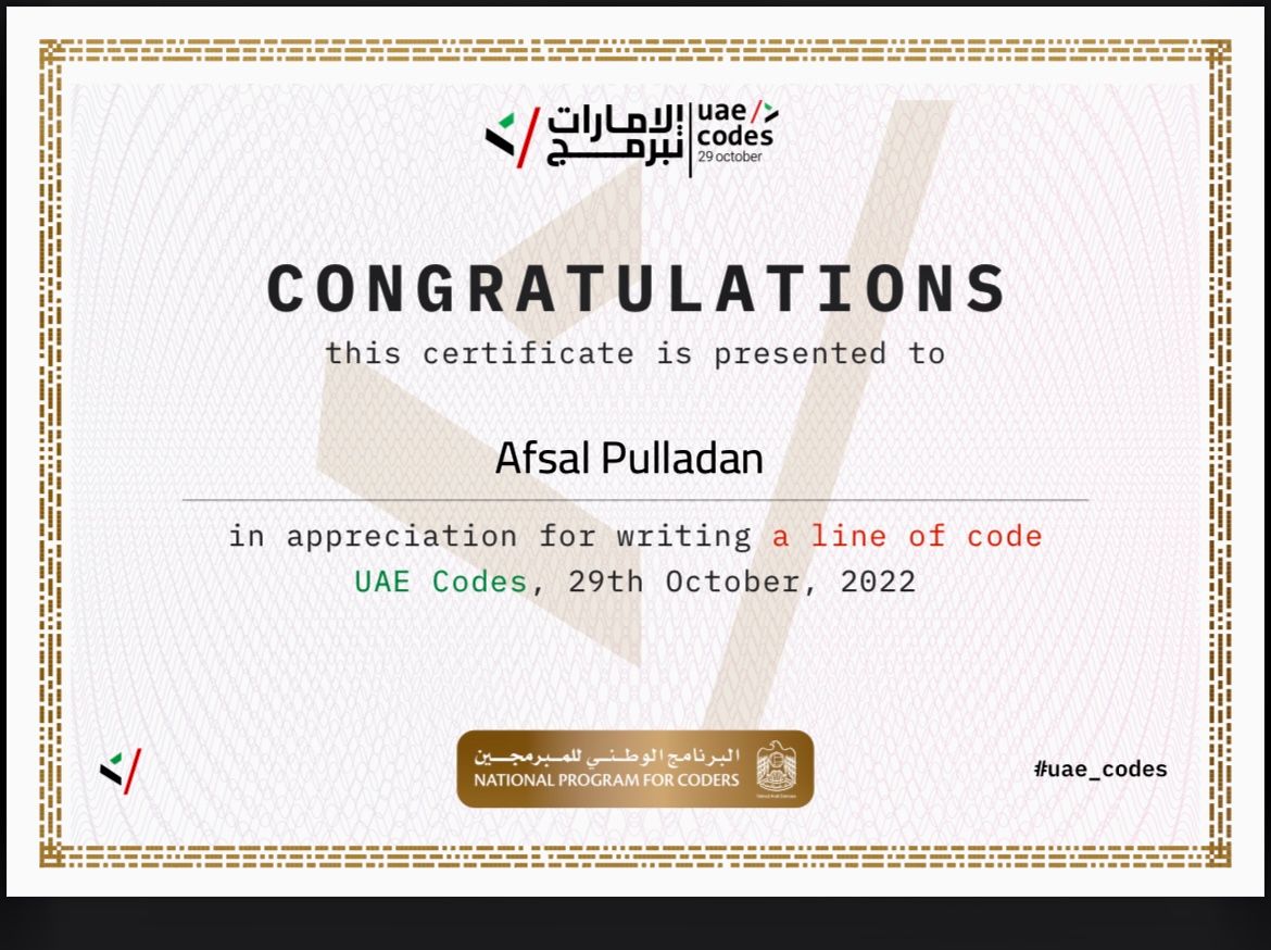 Afsal P on LinkedIn: #uae_codes #uaecodesday #coding #technology #uae Afsal P on LinkedIn: #uae_codes #uaecodesday #coding #technology #uae