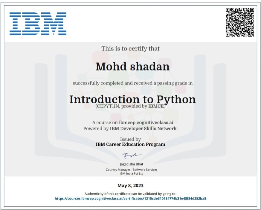 Finished Python course by IBM Developer Skill Network | Mohd Shadan ... Finished Python course by IBM Developer Skill Network | Mohd Shadan ...