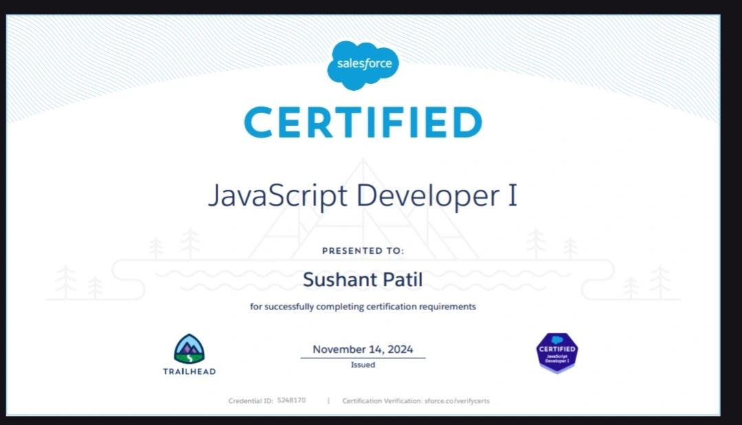 Sushant Patil on LinkedIn: #salesforcecertified #javascriptdeveloper Sushant Patil on LinkedIn: #salesforcecertified #javascriptdeveloper
