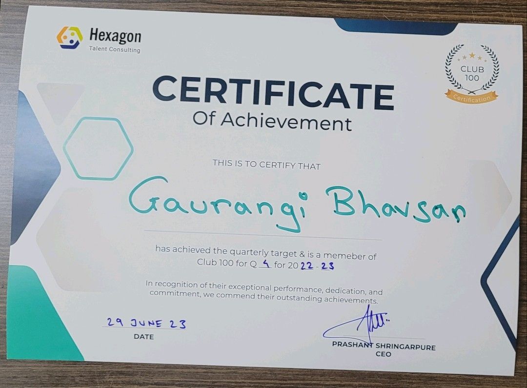 Gaurangi Bhavsar on LinkedIn: #achievement #hexagonsearch #bestperformer Gaurangi Bhavsar on LinkedIn: #achievement #hexagonsearch #bestperformer