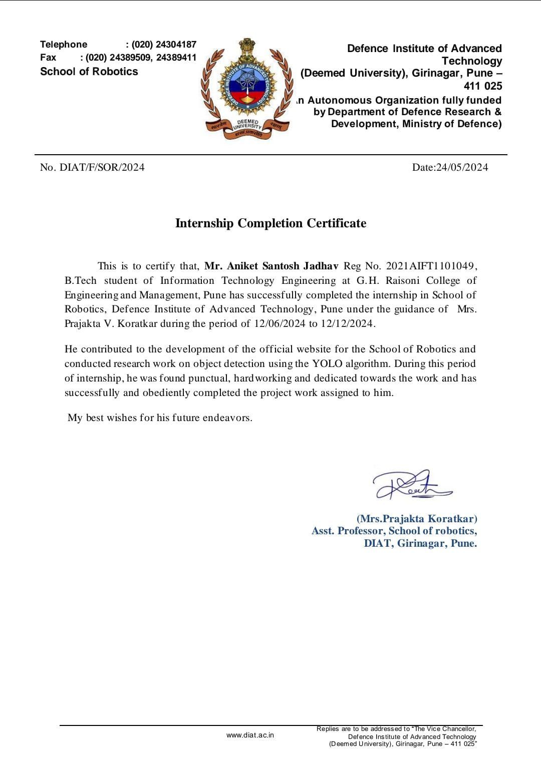 Aniket S. Jadhav on LinkedIn: #diatdrdo #internshipexperience #yolov11 ... Aniket S. Jadhav on LinkedIn: #diatdrdo #internshipexperience #yolov11 ...